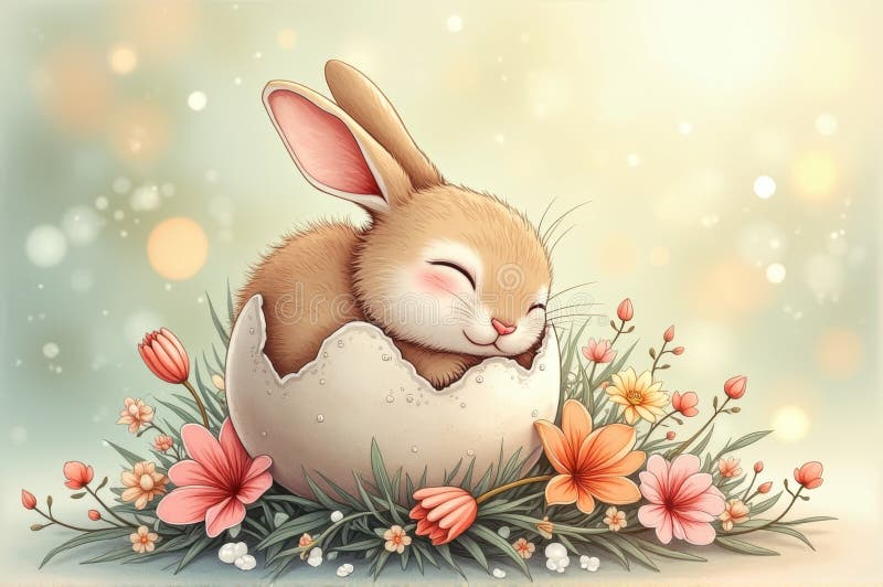 Adorable Bunny in Eggshell Nestled among Spring Flowers Stock Image ...