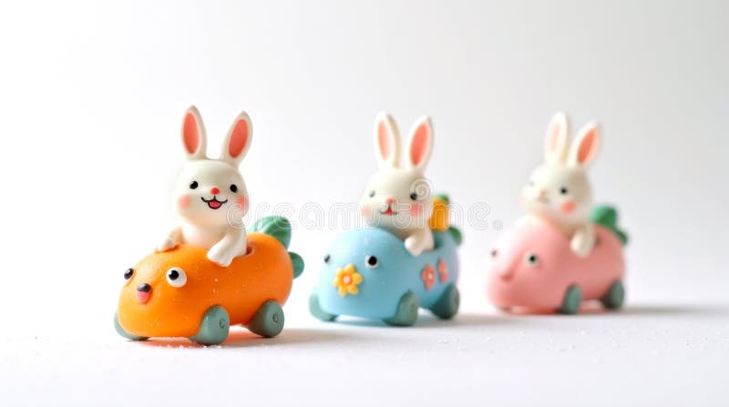 Adorable Bunny Figurines Driving Whimsical Cars in Springtime Colors on ...