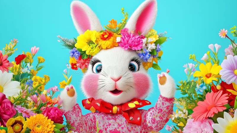 Adorable Bunny with Flower Crown Surrounded by Vibrant Spring Blooms ...