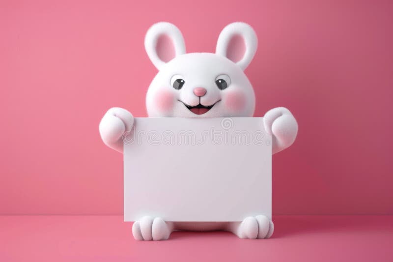 Adorable Bunny Holding Blank Sign Against Pink Background Stock ...