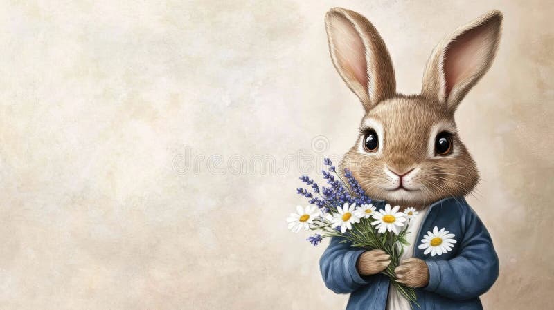 Adorable Bunny Holding Flowers Against Soft Background Stock ...