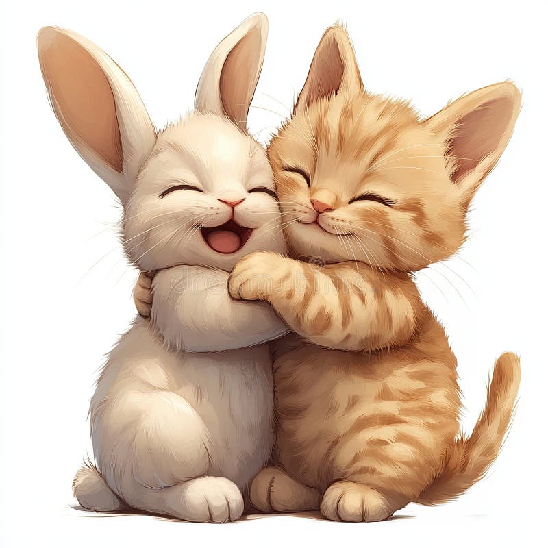 Adorable Bunny and Kitten Hugging Each Other, Expressing Joy and ...