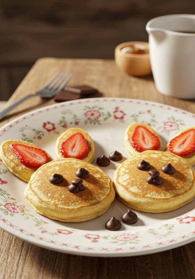 Adorable Bunny Pancakes with Strawberries and Chocolate Chips Stock ...