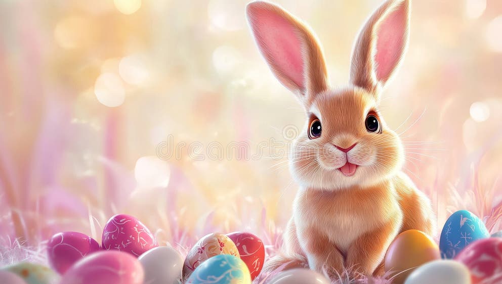 An Adorable Bunny Praying with a Basket of Assorted Easter Eggs and a ...