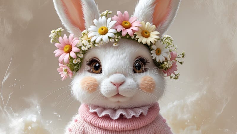 Adorable Bunny Rabbit in Pink Sweater with Flower Crown. Stock Image ...