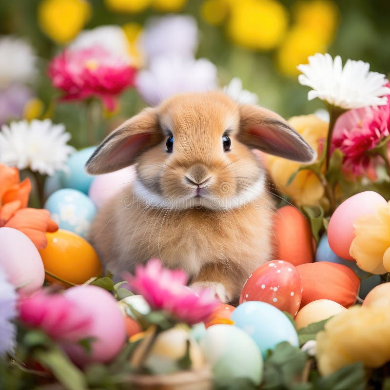 An Adorable Bunny Rabbit Sitting in a Bed of Flowers, Surrounded by ...