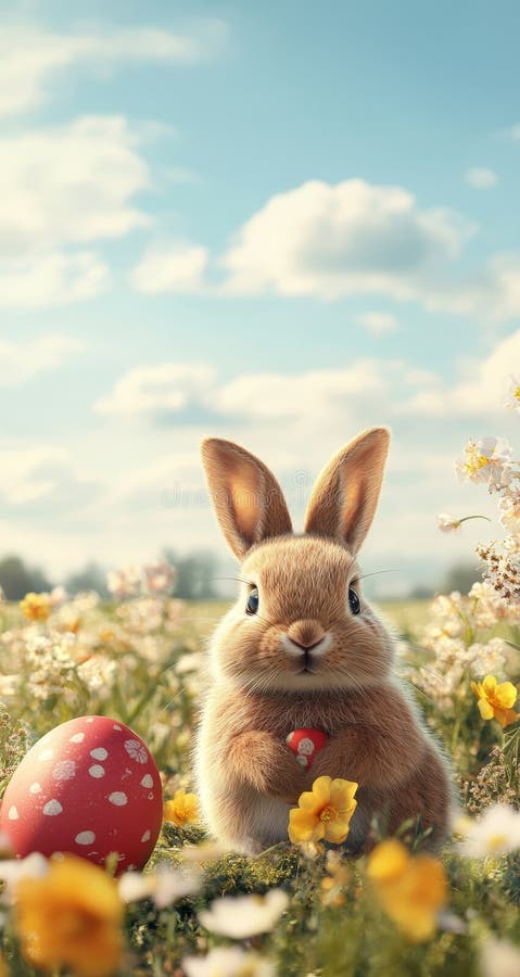 Adorable Bunny Rabbit in a Spring Meadow Holds a Decorated Egg ...