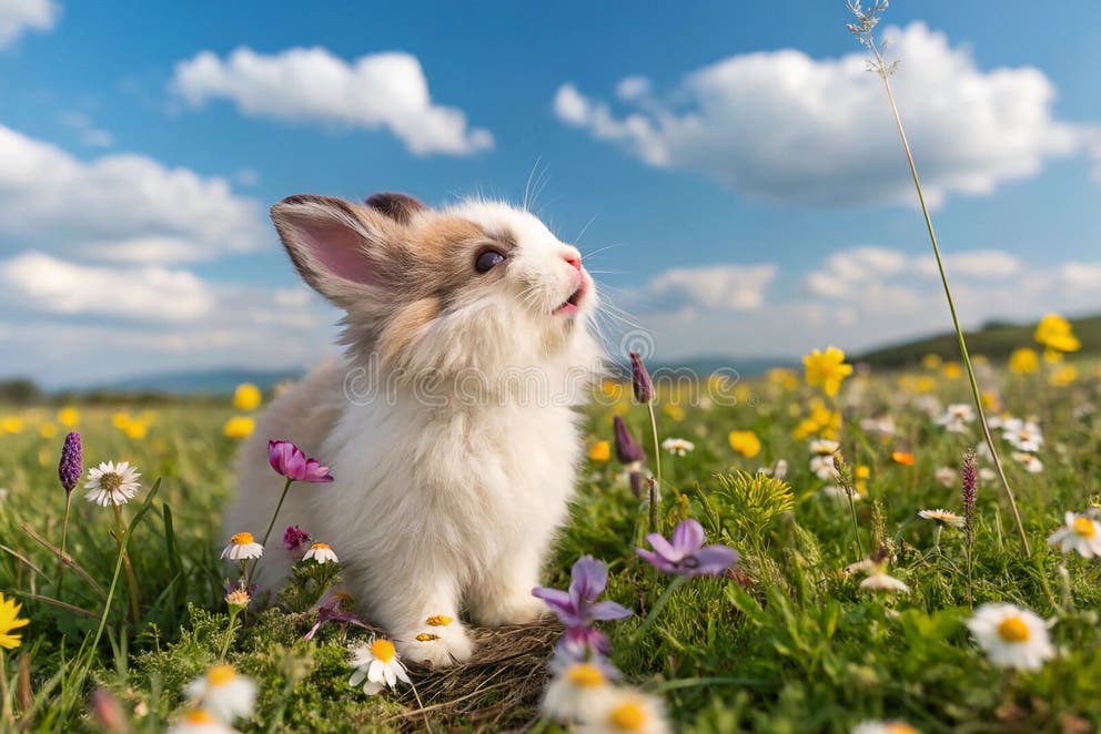 Adorable Bunny Rabbit in a Vibrant Spring Meadow Stock Illustration ...