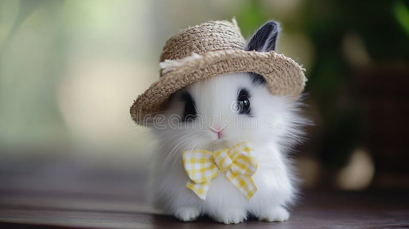 Adorable Bunny Rabbit Wearing a Straw Hat and Bow Tie Stock ...