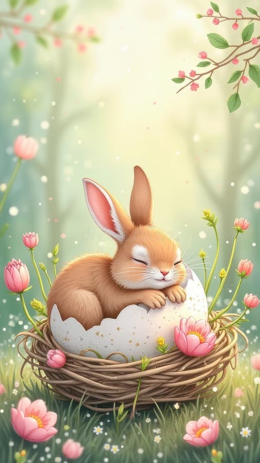 Adorable Bunny Resting in Egg Nest Surrounded by Spring Blossoms Stock ...