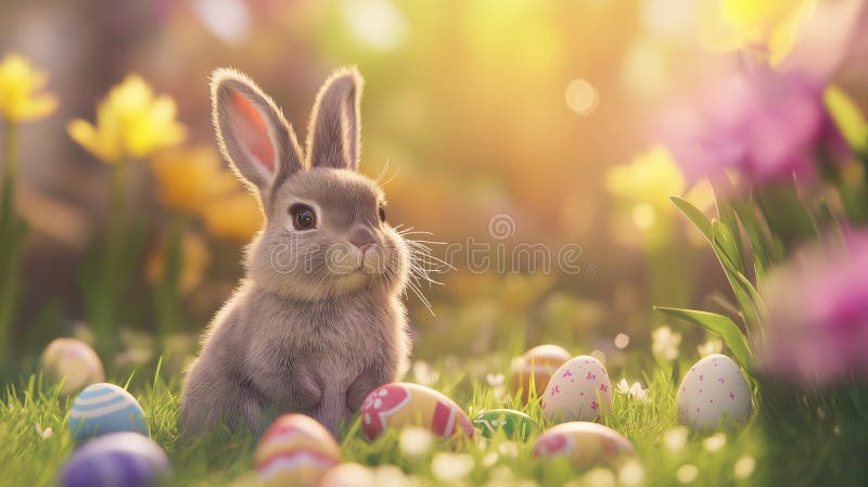 Adorable Bunny Sitting among Easter Eggs in a Spring Meadow. Stock ...