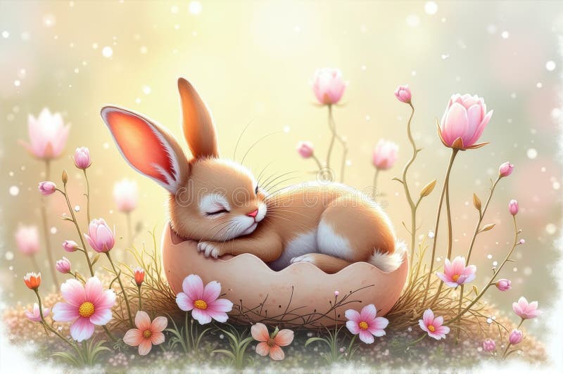 Adorable Bunny Sleeping in a Nest of Spring Flowers Stock Image - Image ...