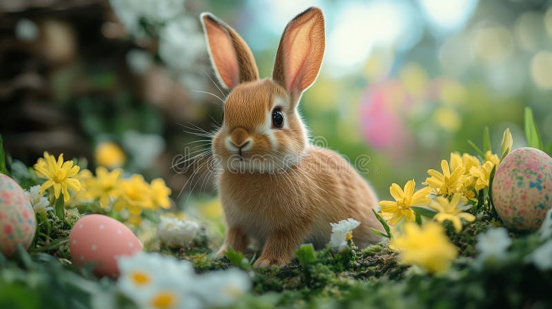 Adorable Bunny Surrounded by Easter Eggs and Flowers Stock Illustration ...