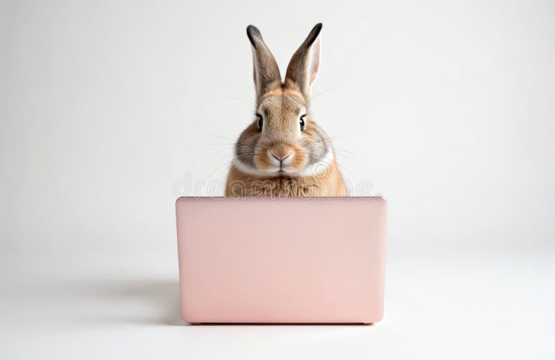 Adorable Bunny Using Laptop Computer. Cute Fluffy Rabbit Works Online on Pc Stock Image - Image ...