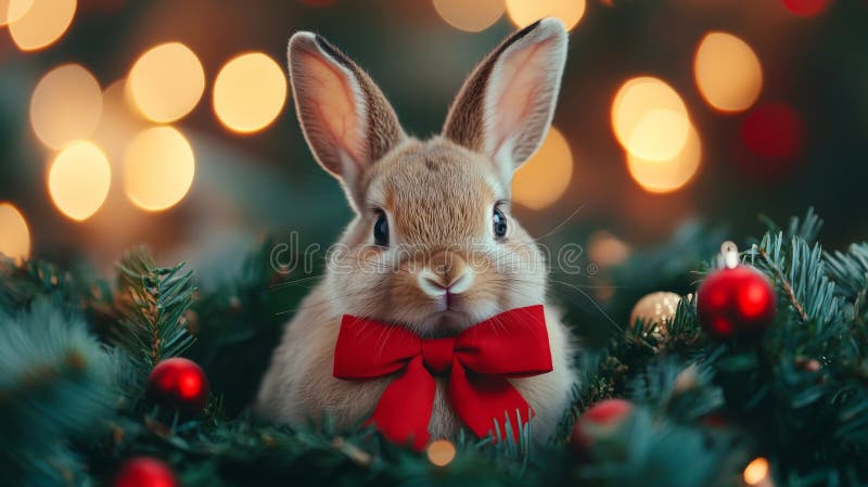 Adorable Bunny Wearing a Bow Nestled in Christmas Tree Stock ...