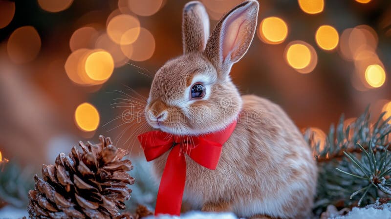 Adorable Bunny Wearing Red Bow Christmas Lights Background Stock ...