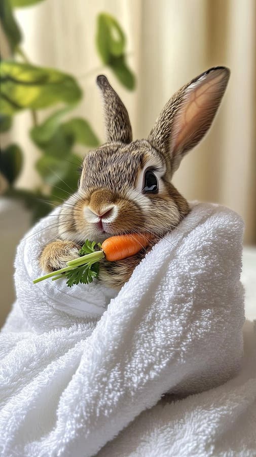 Adorable Bunny Wrapped in a Towel, Holding a Tiny Carrot while Stock ...