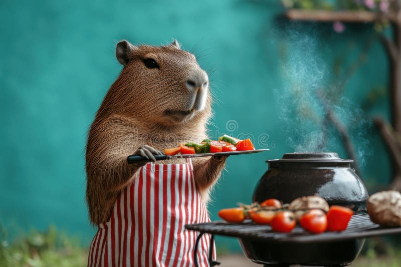 Adorable Capybara Grilling Vegetables in Apron in a Dreamy Garden ...