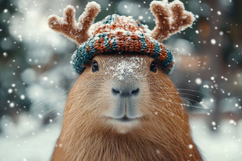 Adorable Capybara Wearing a Knitted Hat with Antlers during a Snowfall ...