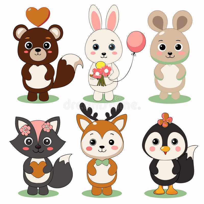 Adorable Cartoon Animals Bear, Bunny, Mouse, Fox, Deer, Penguin Stock ...