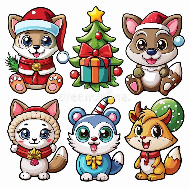 Adorable Cartoon Animals Celebrating Christmas. (3 Stock Vector ...