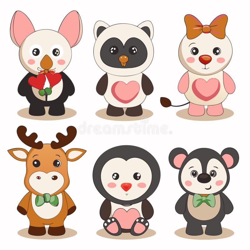 Adorable Cartoon Animals with Hearts. (6 Stock Vector - Illustration of ...