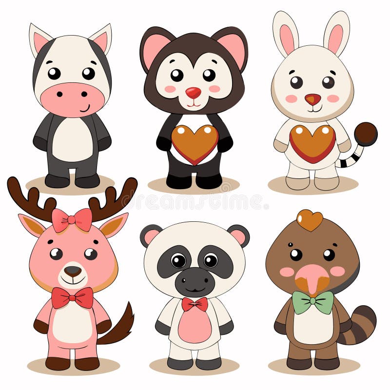 Adorable Cartoon Animals with Hearts. (7 Stock Vector - Illustration of ...