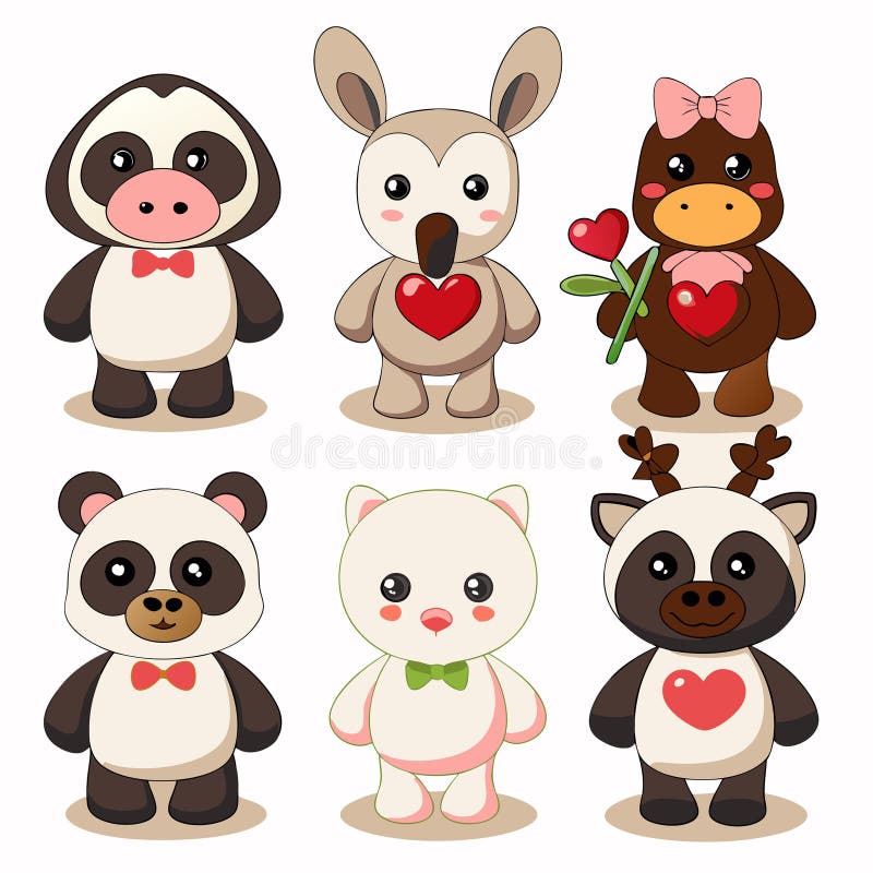 Adorable Cartoon Animals with Hearts. (2 Stock Vector - Illustration of ...