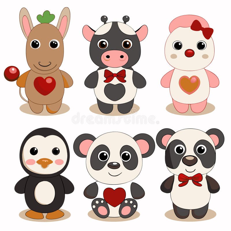 Adorable Cartoon Animals with Hearts. (3 Stock Vector - Illustration of ...