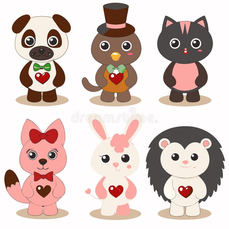 Adorable Cartoon Animals Holding Hearts. (4 Stock Vector - Illustration ...