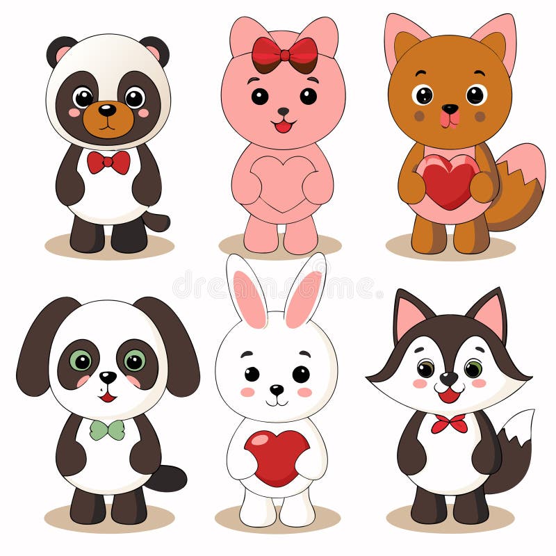 Adorable Cartoon Animals Holding Hearts. (12 Stock Vector ...