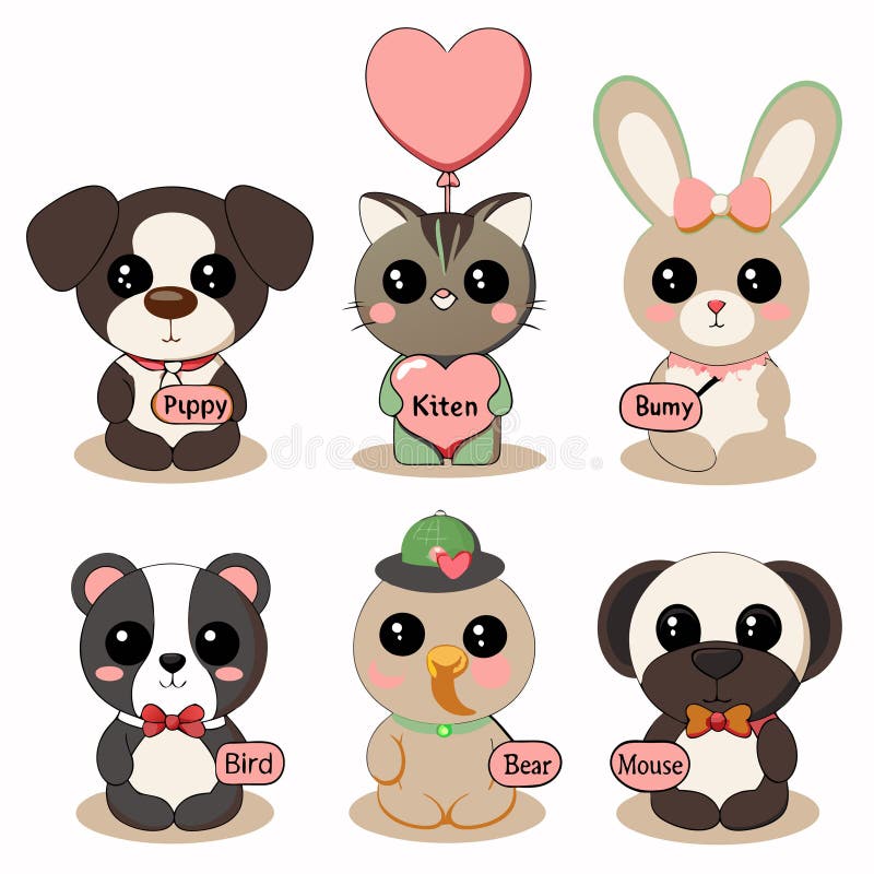 Adorable Cartoon Animals Puppy, Kitten, Bunny, Panda, Bird, Mouse Stock ...
