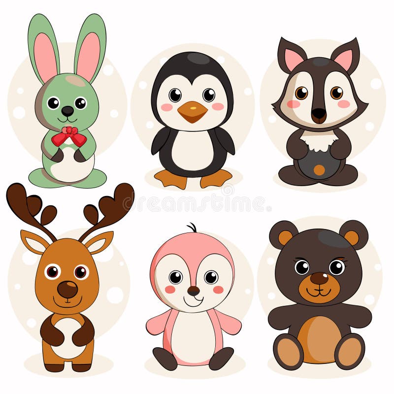 Adorable Cartoon Animals Rabbit, Penguin, Wolf, Reindeer, and Bear ...