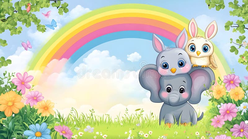 Adorable Cartoon Animals with Rainbow in Whimsical Nature Setting Stock ...