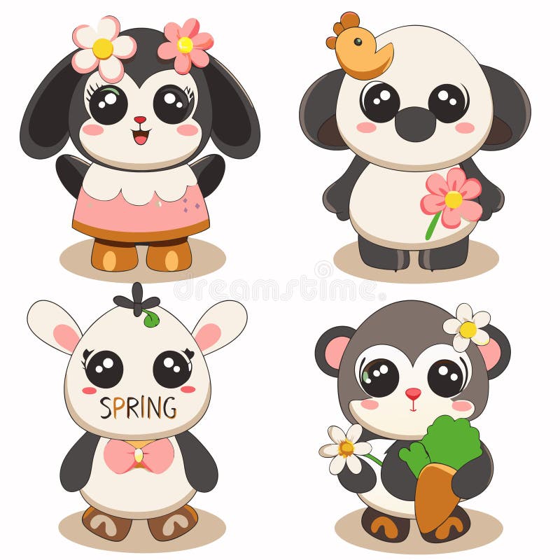 Adorable Cartoon Animals in Spring Stock Vector - Illustration of ...