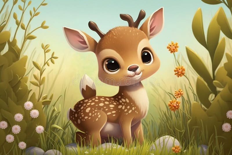 Adorable Cartoon Baby Deer in a Spring Meadow, Generative Ai Stock ...