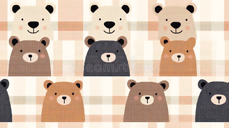 Adorable Cartoon Bears Seamless Pattern Brown Beige Plaid Background ...