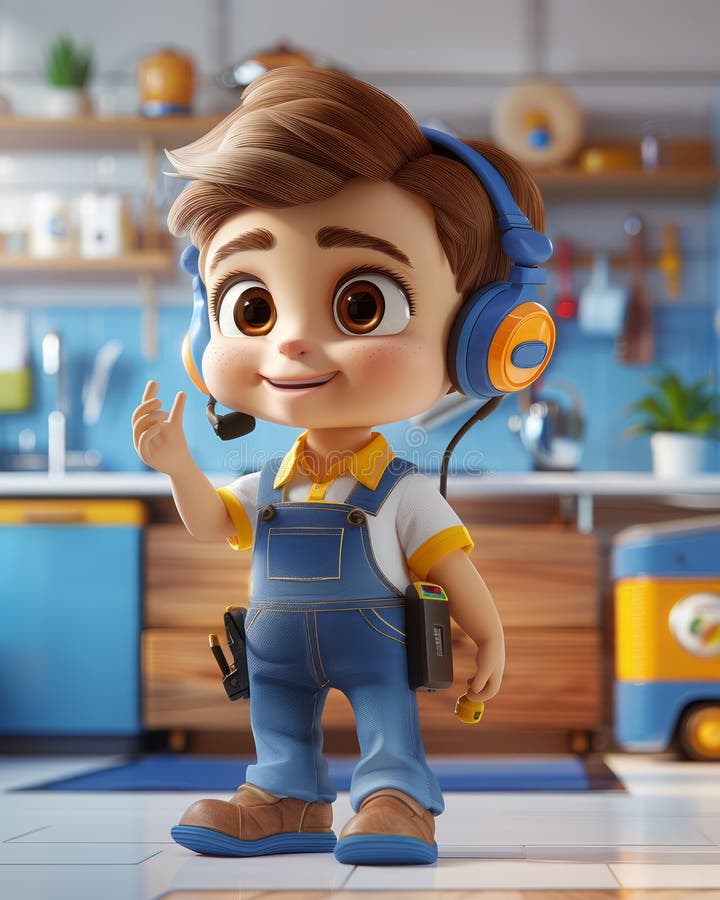 Adorable Cartoon Boy in Overalls and Headset Ready for Work in a Bright ...