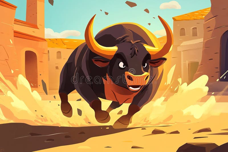 Adorable Cartoon Bull Character Inside Bullring, Drawn in Lighthearted ...