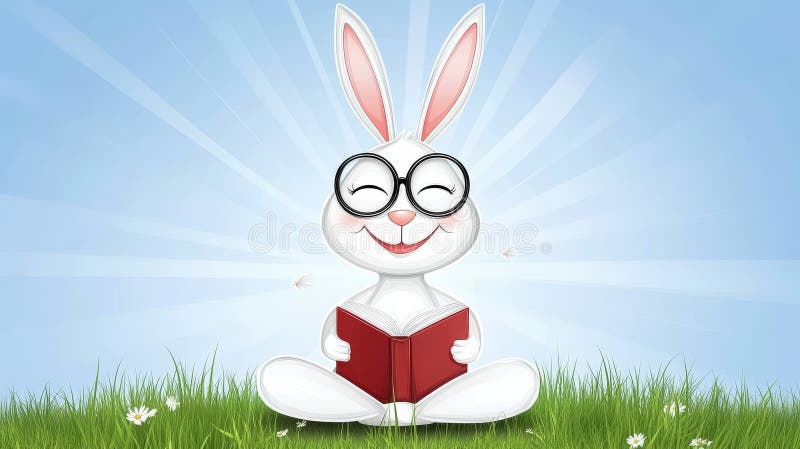 Adorable Cartoon Bunny Reading a Book in Sunny Field Stock Photo ...