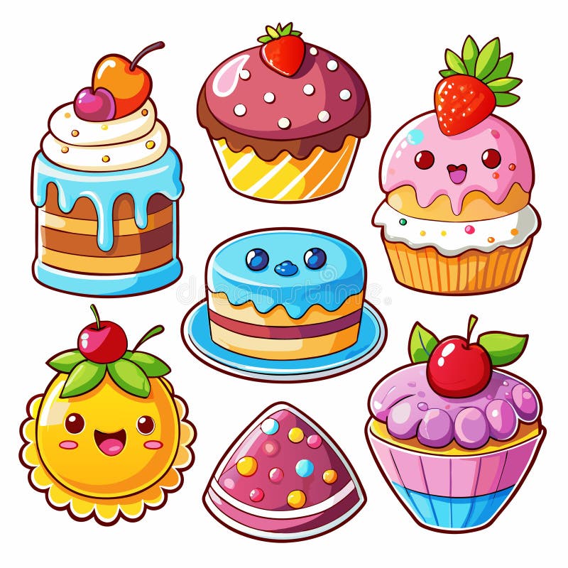 Adorable Cartoon Cakes, Cupcakes, and Pastrie Stock Vector ...