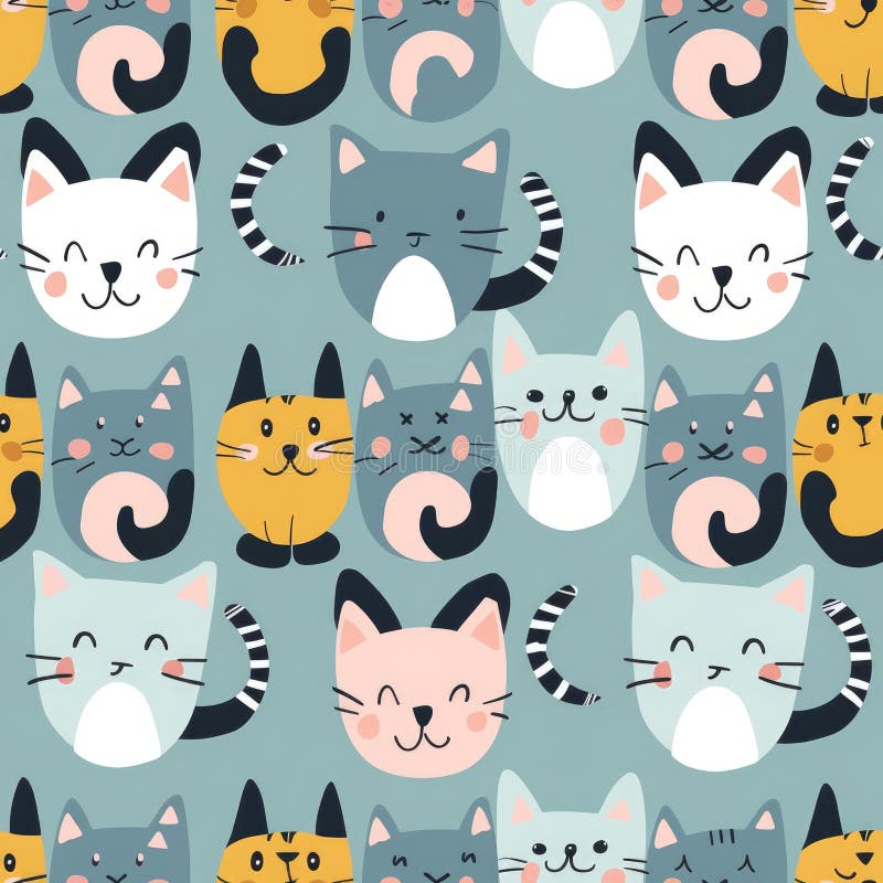 Adorable Cartoon Cat Faces Pattern for Playful Backgrounds Stock ...