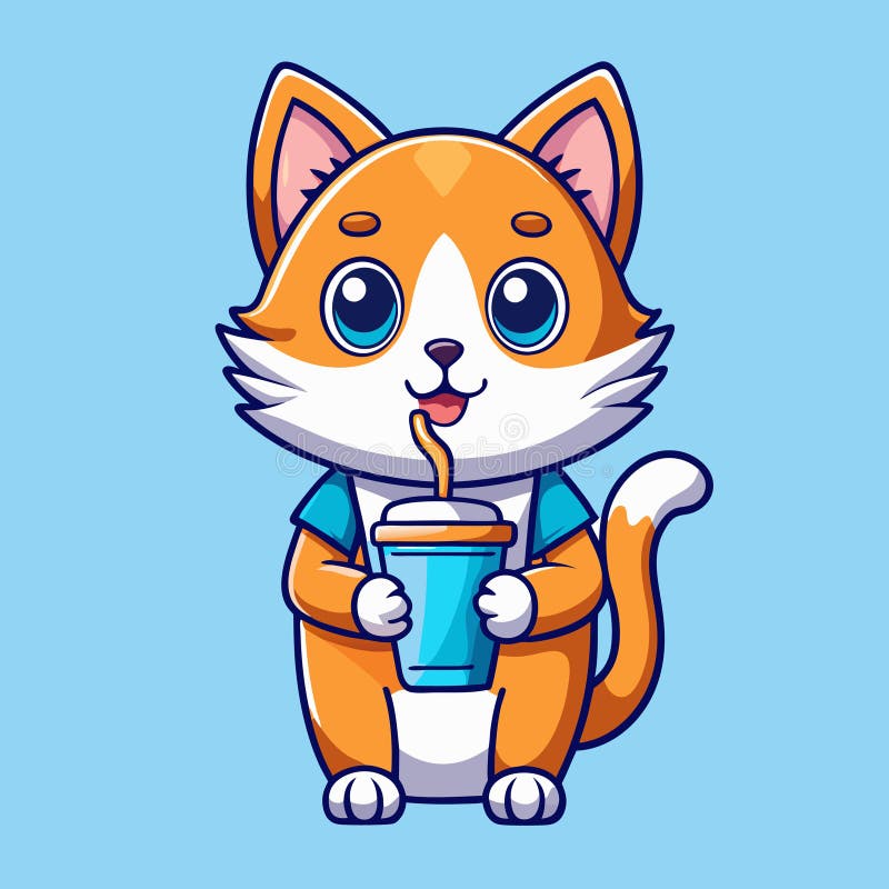 Adorable Cartoon Cat Sipping Coffee in a Playful Pose Stock Vector ...