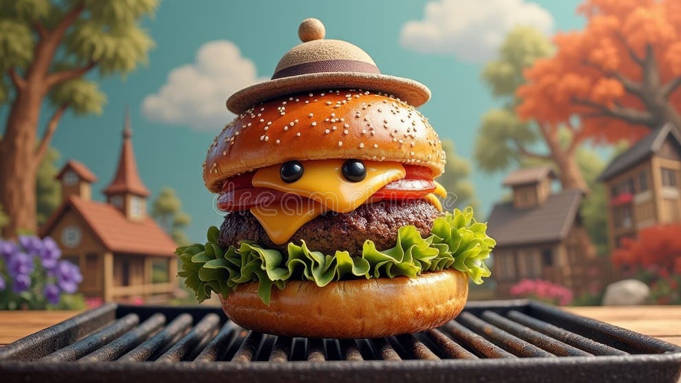 Adorable Cartoon Cheeseburger with Hat on Grill in Whimsical Village ...