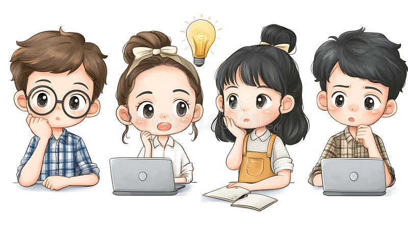 Adorable Cartoon Children Brainstorming Ideas Using Laptops Stock ...
