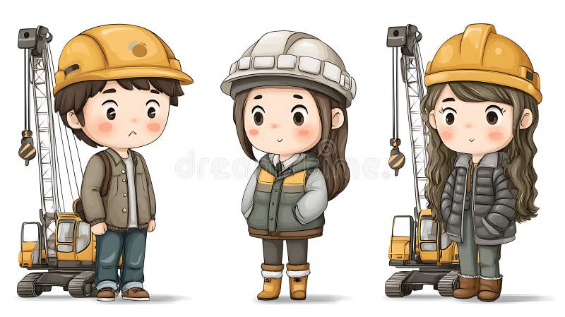 Adorable Cartoon Children Construction Workers with Mini Cranes ...