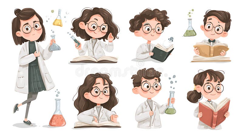 Adorable Cartoon Children Scientists Studying and Experimenting in a ...