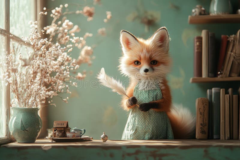 Adorable Cartoon Fox with Feather Duster in Cozy Home Library Stock ...