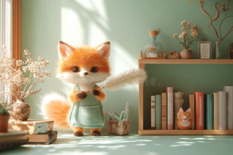 Adorable Cartoon Fox with Feather Duster in Cozy Home Library Stock ...