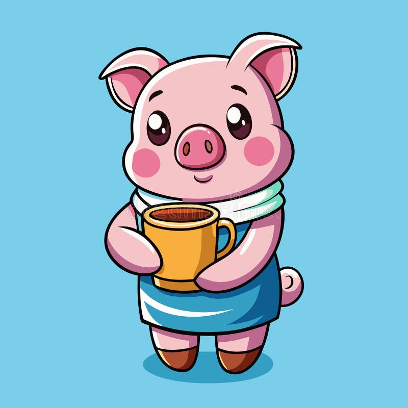 Adorable Cartoon Illustration of a Pig Hugging a Coffee Cup Stock ...